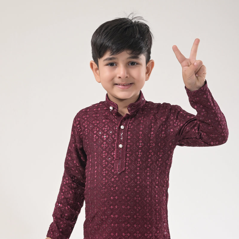 Boys Wine Kurta Pajama Set – Traditional Ethnic Wear for Kids – Metrovibe